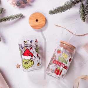 WODOHOLO Christmas Cups 16oz Christmas Coffee Can Glass with Lid and Straw Xmas Grin-ch Tree Tumbler Drinking Glasses Coffee Cups Decor Glass Water Bottles Gift for Women Kids Men