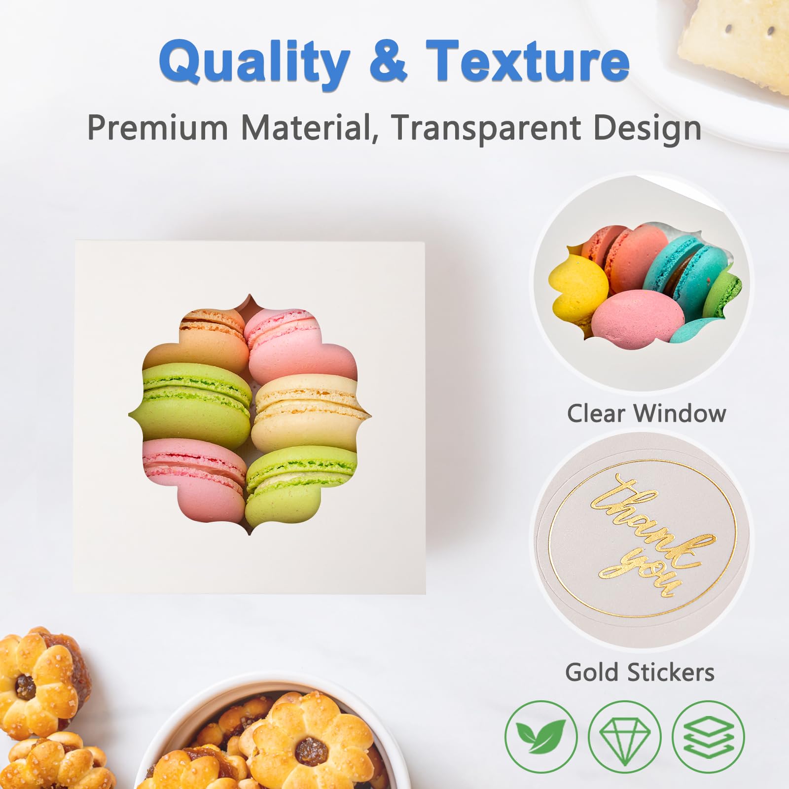 Shallive 4-Inch Small Cookie Boxes 50 Pcs White - Bakery Treat Boxes with Window for Gifting, To-go Containers for Cake Slice, Macarons, Donuts 4x4x2.5