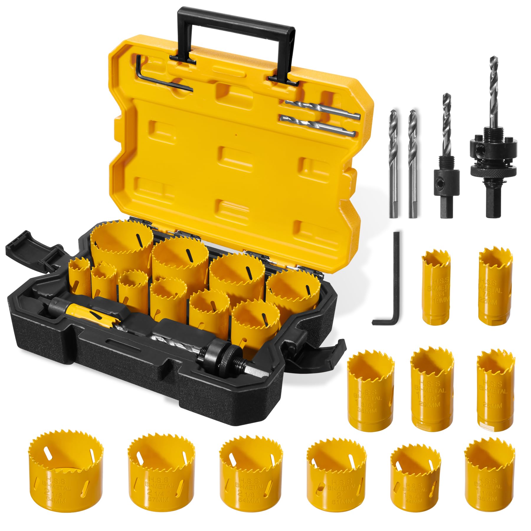 KATA Bi-Metal Hole Saw Kit, 18 Piece M42 Steel Hole Saw Set with 3/4" -2-1/2" (19-64mm), General Purpose Hole Saw Blades in Case with Mandrels, Drill Bit, Hex Key for Thin Metal, Hard Wood, Drywall