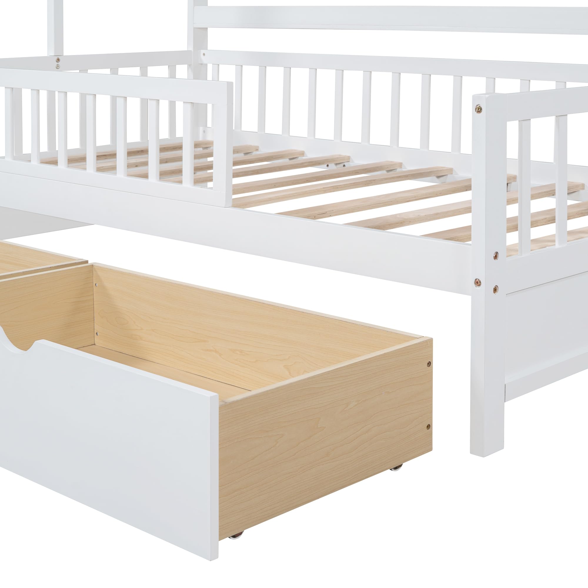 Bellemave Wooden Twin Size House Bed with 2 Drawers,Kids Twin Playhouse Platform Bed Frame with Storage Shelves,Montessori Bed for Kids Teens Girls & Boys (White)