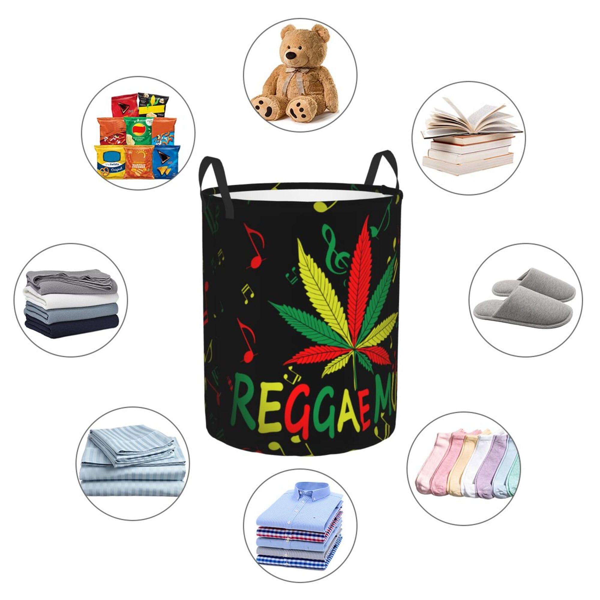 Lightweight Laundry Hamper Compatible With Rasta Flag Weedleaf Reggae Music Laundry Basket, Large Fabric Collapsible Clothes Hamper Easy Carrying with Handles for Boys Girls Bedroom Nursery