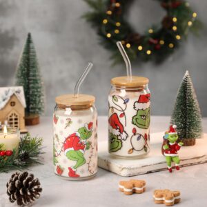 WODOHOLO Christmas Cups 16oz Christmas Coffee Can Glass with Lid and Straw Xmas Grin-ch Tree Tumbler Drinking Glasses Coffee Cups Decor Glass Water Bottles Gift for Women Kids Men