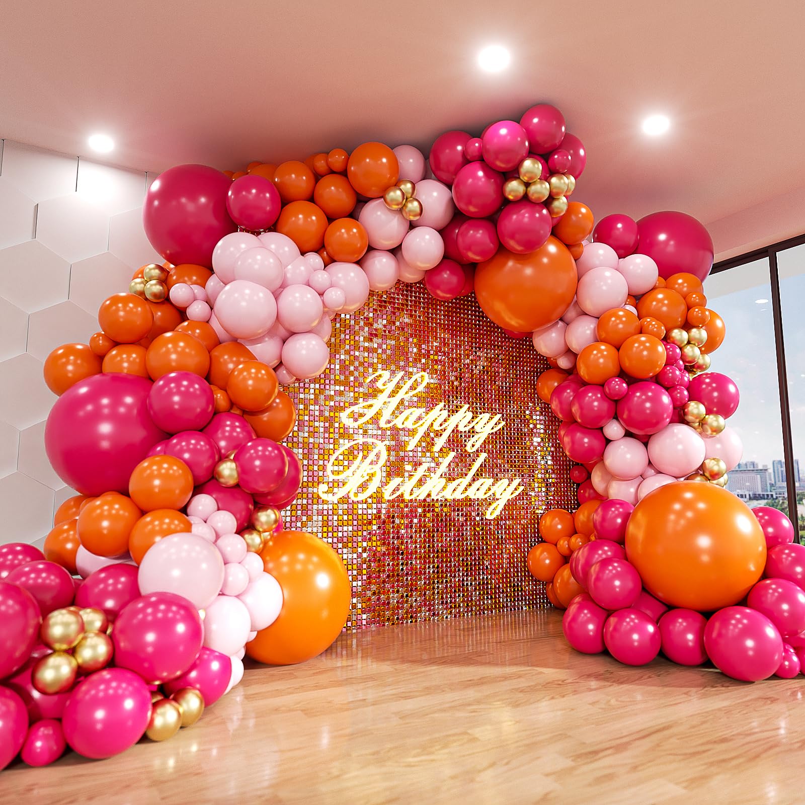 Pink and Orange Balloon Arch Kit, ADOINBY 161Pcs Hot Pink Orange Metallic Gold Latex Balloon Garland kit, 18 12 10 5 Inch Different Size Balloons for Birthday Baby Shower Wedding Party Decorations