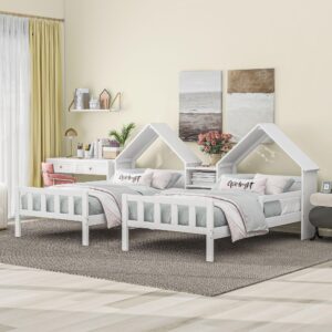 bellemave double twin size platform bed with house-shaped headboard and built-in nightstand,twin house bed frame for 2 kids,montessori bed for boys & girls(white)