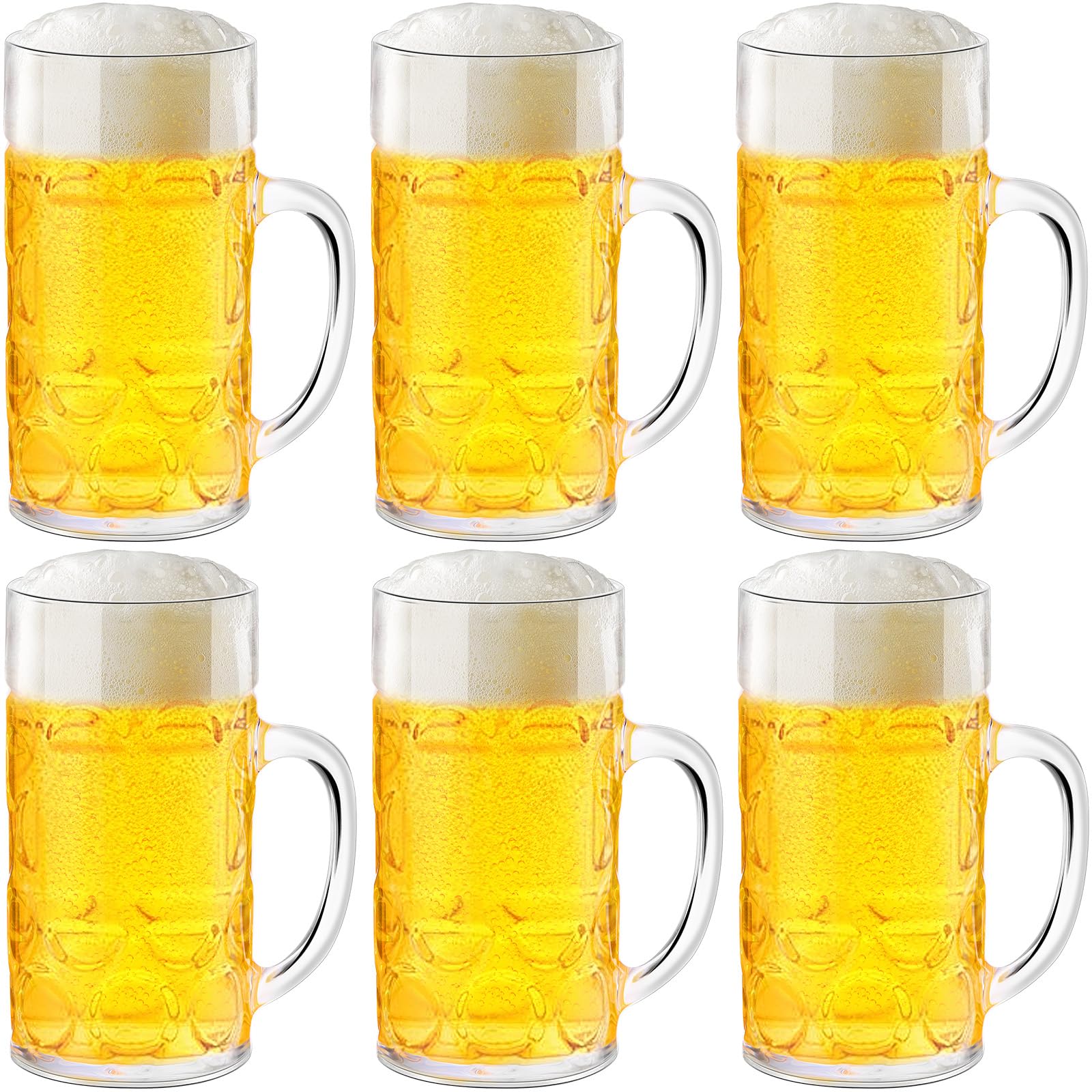 Suclain 6 Pcs Clear Plastic Beer Mugs with Handles 34 oz Large Dimpled Beer Cups Clear Plastic Beer Glasses Reusable Classic Plastic Coffee Mugs with Handles for Beer Whiskey Juice Coffee Tea Cocktail