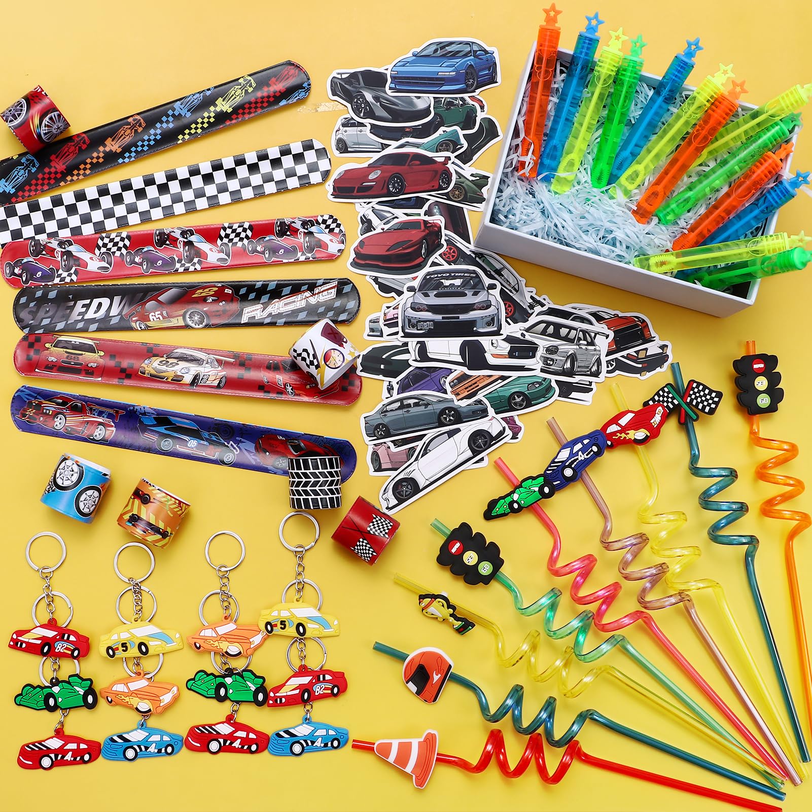 KELENO 98 Race Car Party Favors Race Car Birthday Party Supplies Straw Bubble Slap Band Sticker Racing Toy Gift Boy Kid Filler Goodie Bag Stuffer Racecar Themed Decorations