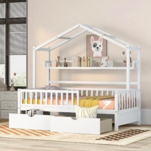 Bellemave Wooden Twin Size House Bed with 2 Drawers,Kids Twin Playhouse Platform Bed Frame with Storage Shelves,Montessori Bed for Kids Teens Girls & Boys (White)