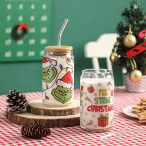 WODOHOLO Christmas Cups 16oz Christmas Coffee Can Glass with Lid and Straw Xmas Grin-ch Tree Tumbler Drinking Glasses Coffee Cups Decor Glass Water Bottles Gift for Women Kids Men