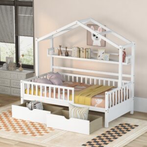 bellemave wooden twin size house bed with 2 drawers,kids twin playhouse platform bed frame with storage shelves,montessori bed for kids teens girls & boys (white)