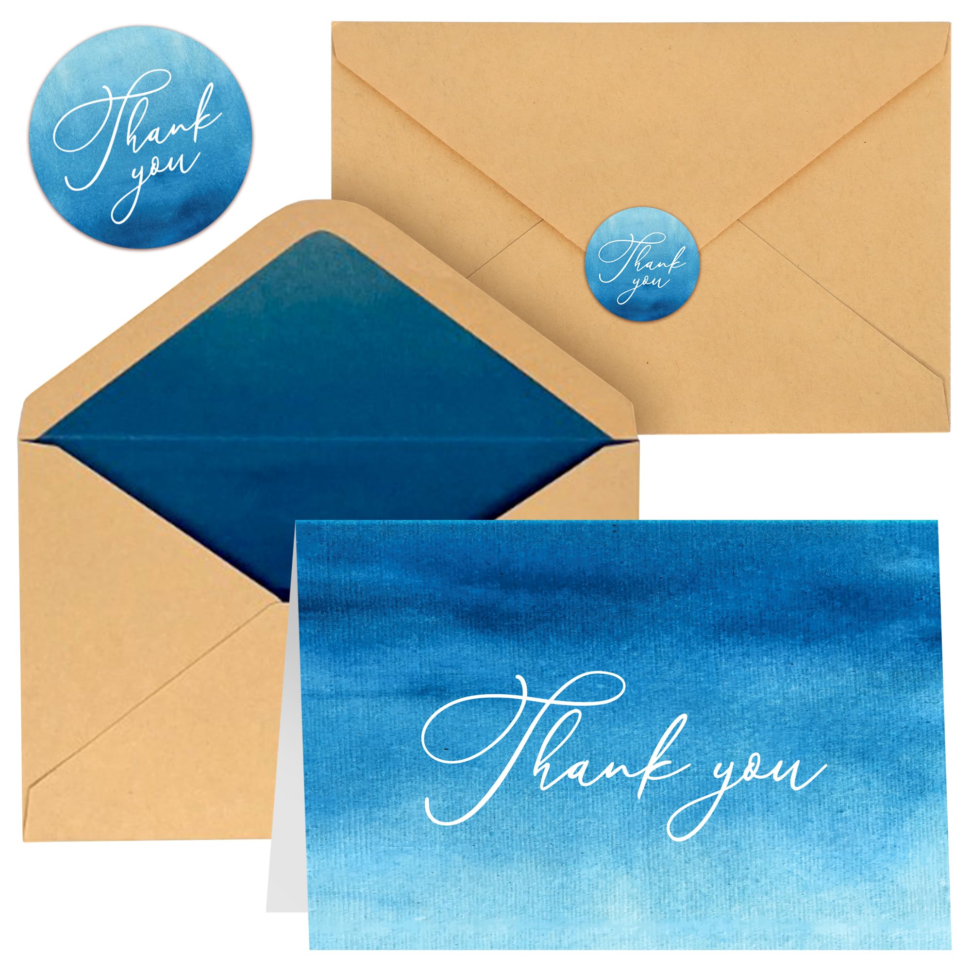 100 Thank You Cards with Envelopes - Elegant Blue Design, Perfect for Graduation Thank You Cards 2024, Weddings, Baby Showers, Parties, and Small Business - Includes 120 Stickers for Easy Sealing