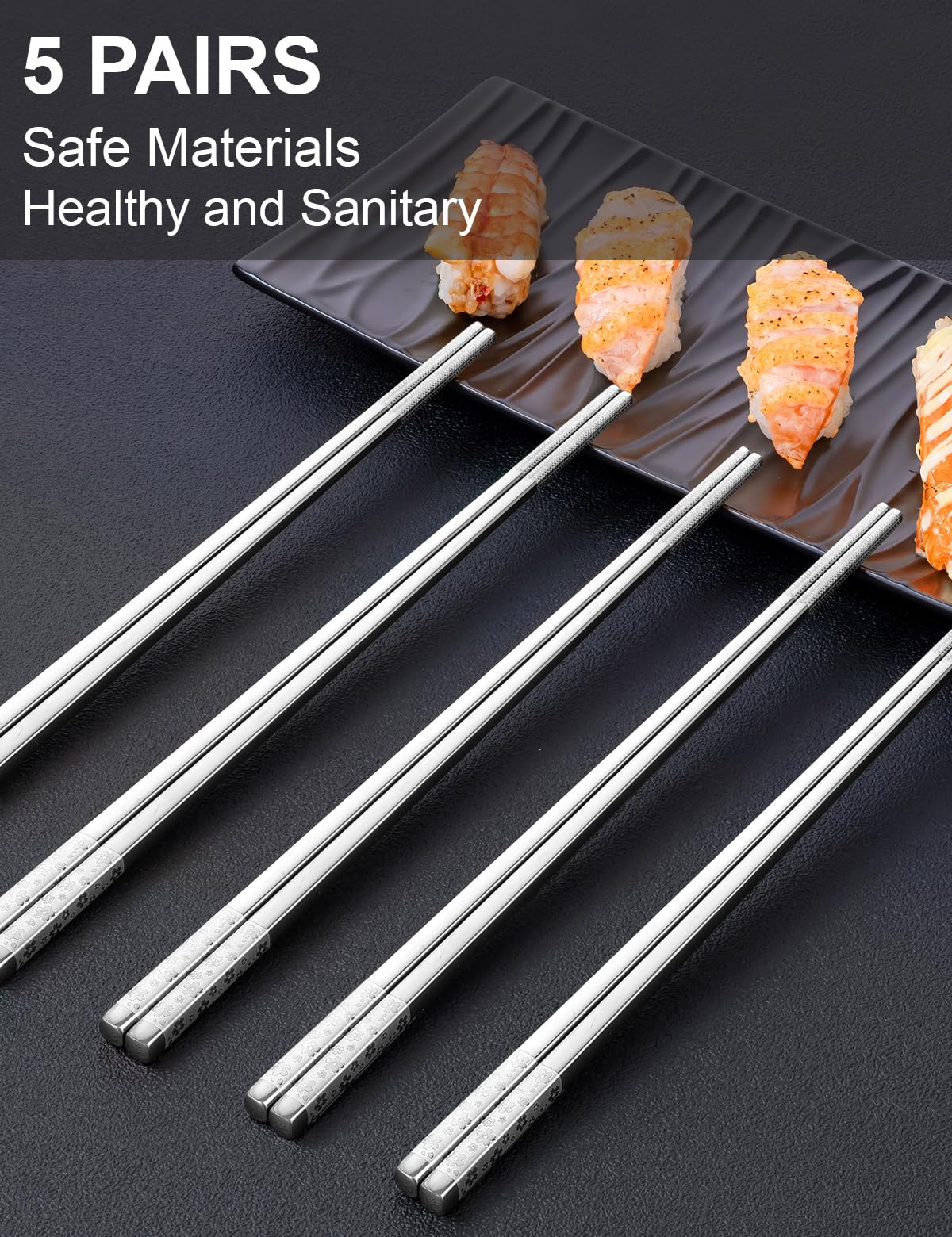 FOFAYU 5 Pairs Metal Chopsticks Reusable 18/8 stainless steel Chopsticks Japanese Style Dishwasher Safe Lightweight Non-Slip Chop Sticks 9 1/4 Inches Present Set