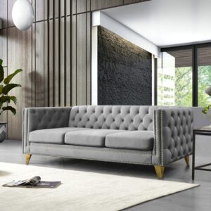 velvet 3 seater sofa couch, comfy couches for living room, modern sofa with tufted back and rivet decoration, upholstered long couch with solid golden metal tapered legs, grey