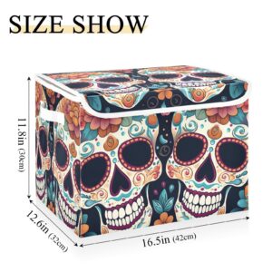 Vnurnrn Storage Cube with Lid Collapsible Flower Day Dead Skull Print, Large Capacity Foldable Storage Basket Bin Organizer 16.5×12.6×11.8 IN