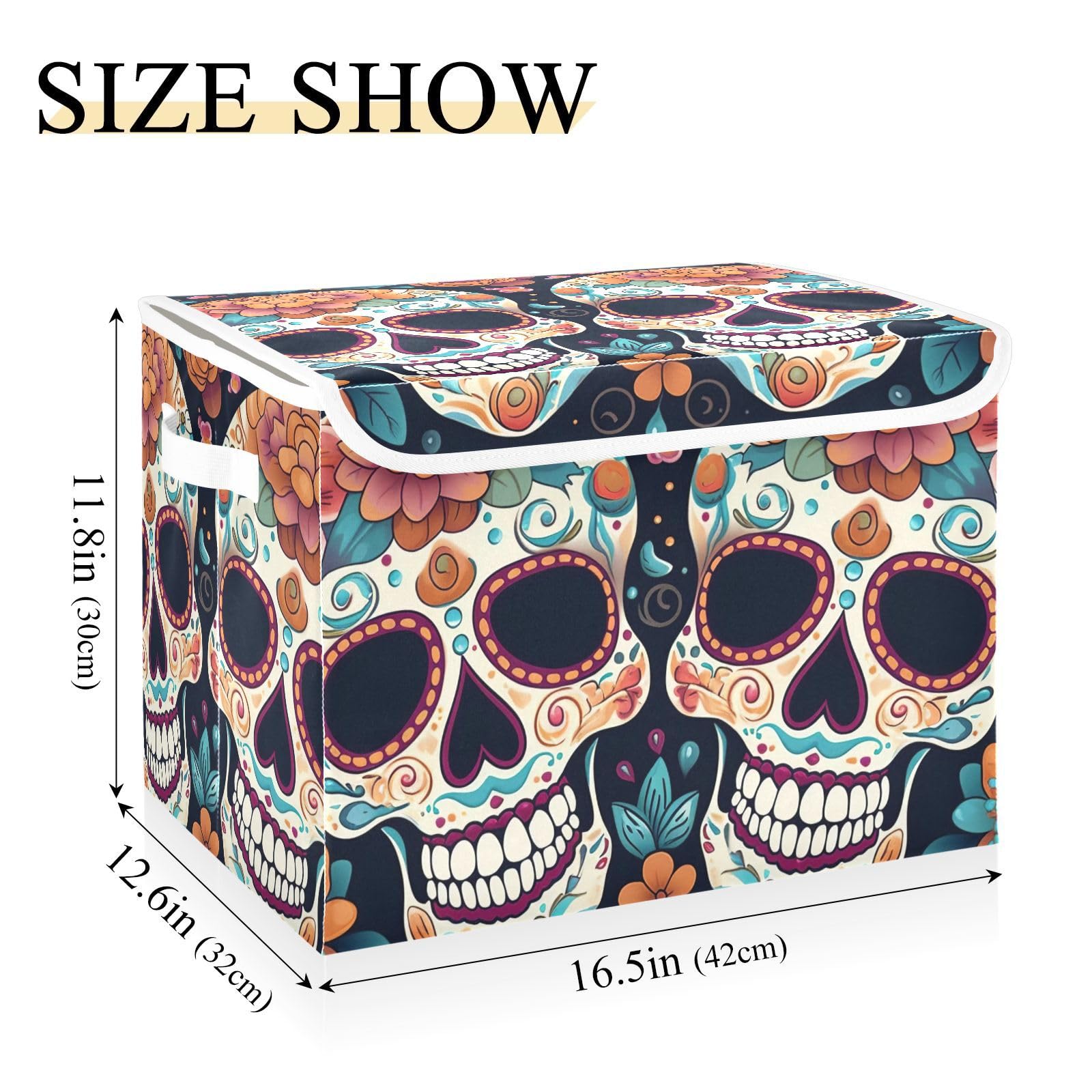 Vnurnrn Storage Cube with Lid Collapsible Flower Day Dead Skull Print, Large Capacity Foldable Storage Basket Bin Organizer 16.5×12.6×11.8 IN