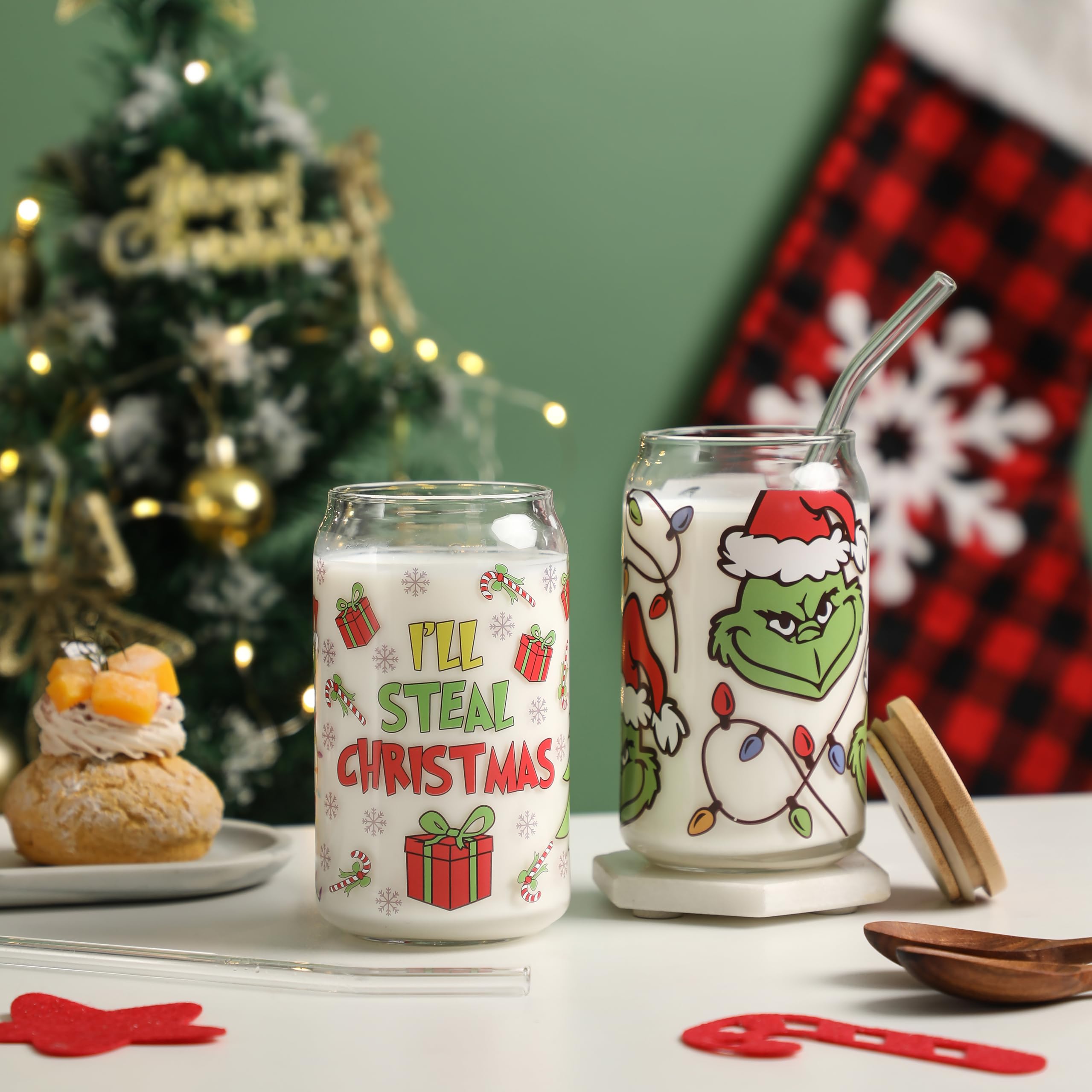 WODOHOLO Christmas Cups 16oz Christmas Coffee Can Glass with Lid and Straw Xmas Grin-ch Tree Tumbler Drinking Glasses Coffee Cups Decor Glass Water Bottles Gift for Women Kids Men