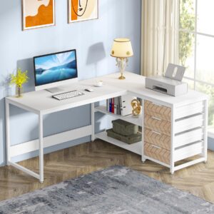 tribesigns l shaped computer desk with storage drawers, 59 inch corner desk with shelves, reversible l-shaped office desk study writing table workstation for home office, white