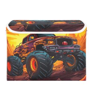 vnurnrn monster truck sports storage cube with lid collapsible, large capacity foldable storage basket bin organizer 16.5×12.6×11.8 in