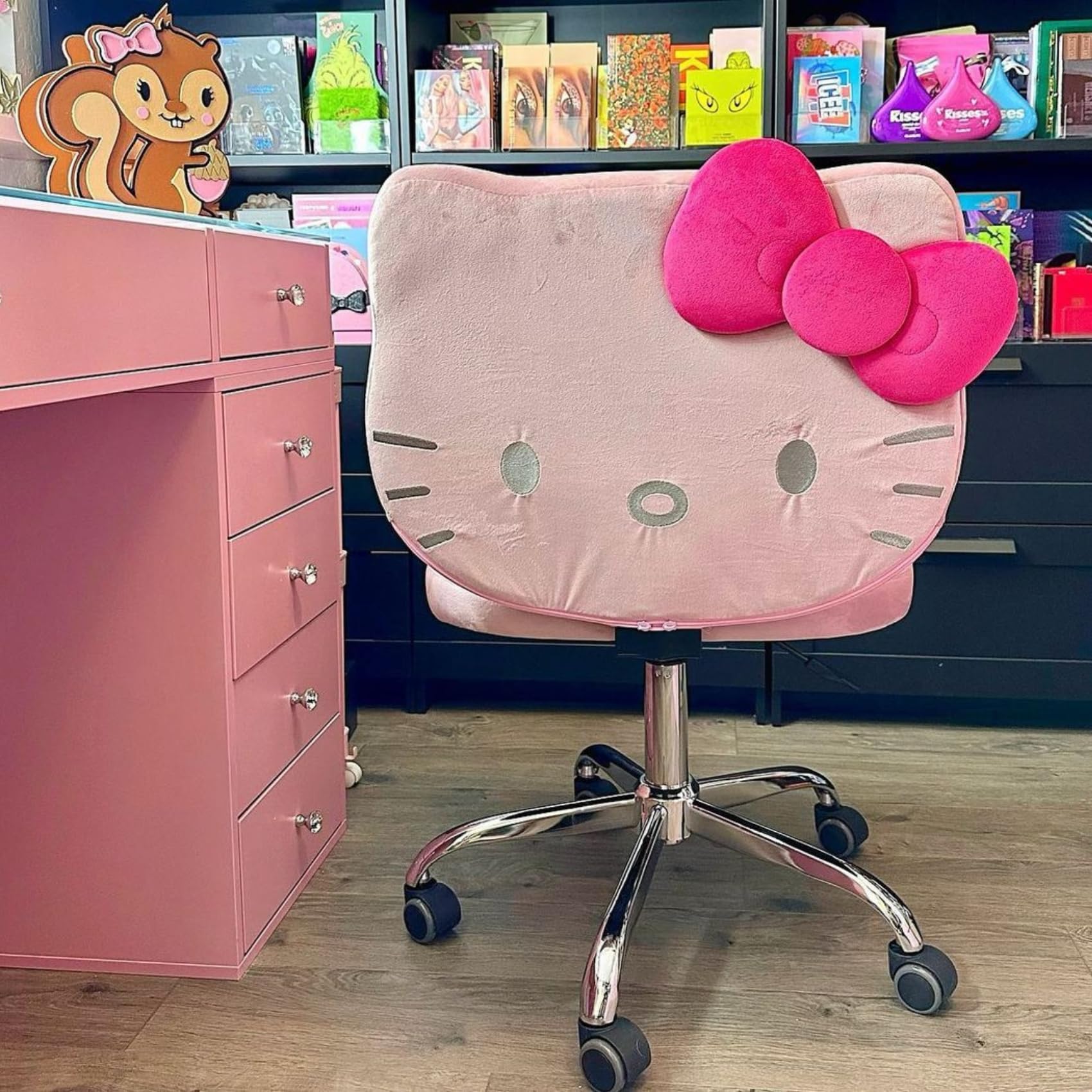 Impressions Vanity Hello Kitty Kawaii Swivel Vanity Chair for Makeup Room, Adjustable Height Cute Desk Chair with Wheels Rolling, Comfy Polyurethane Foam Back Armless Chair for Dorm (Pink)