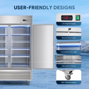 WILPREP Commercial Freezer ETL-Listed, 54" 2 Solid Door 2 Section Freezer with 42.2 cu. ft. Capacity, Stainless Steel Reach in Freezer with Air Cooling