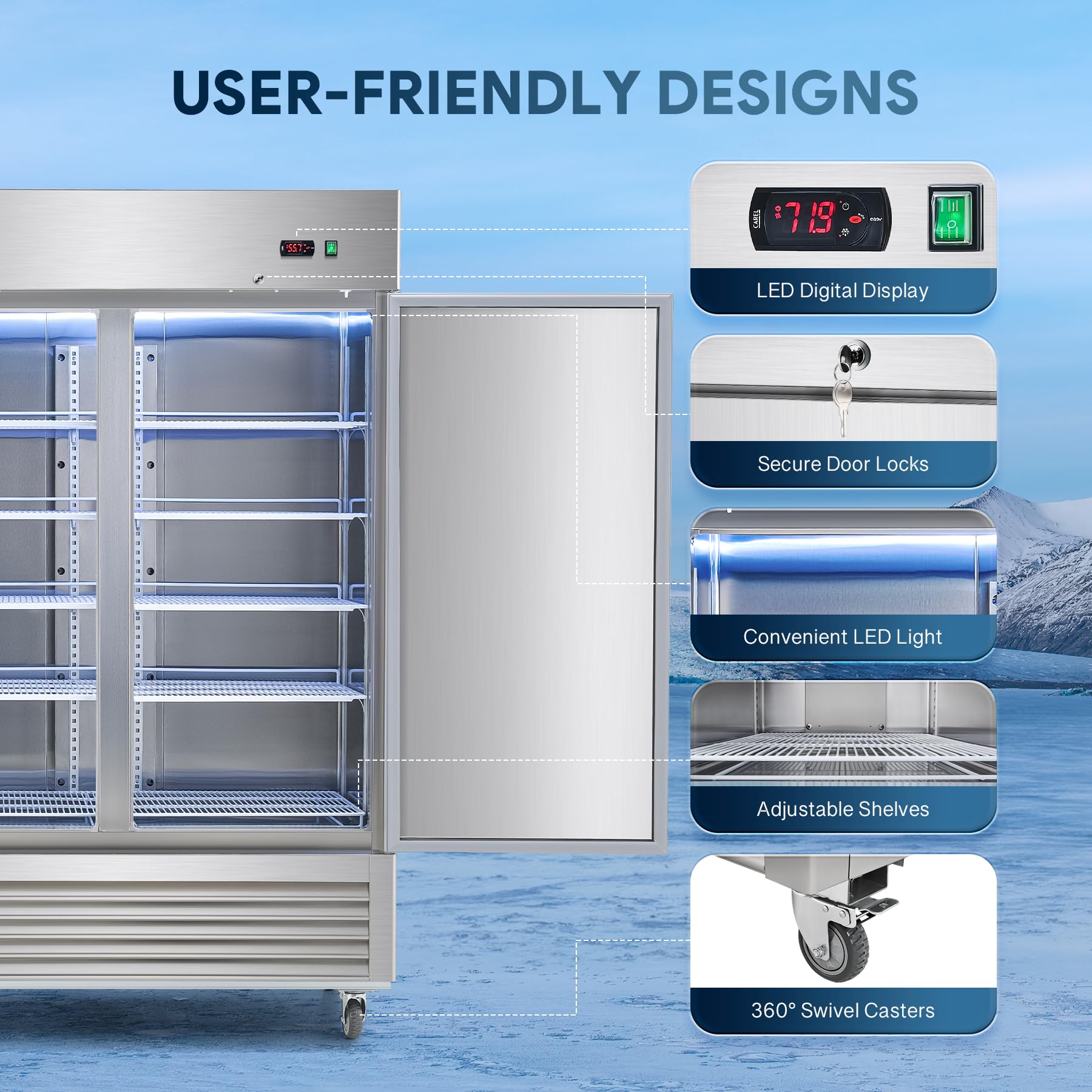 WILPREP Commercial Freezer ETL-Listed, 54" 2 Solid Door 2 Section Freezer with 42.2 cu. ft. Capacity, Stainless Steel Reach in Freezer with Air Cooling