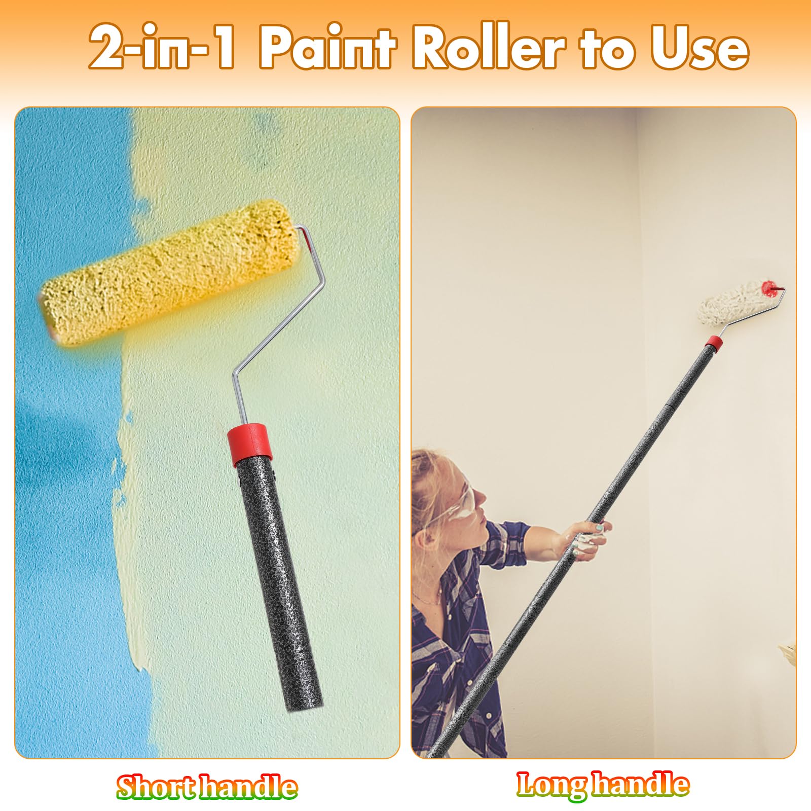 Paint Roller, 6 FT Paint Roller kit Adjustable Paint Roller Extension Poles with Brush Stainless Steel Poles Splicing Rod House Mural Brush for Walls and Ceiling