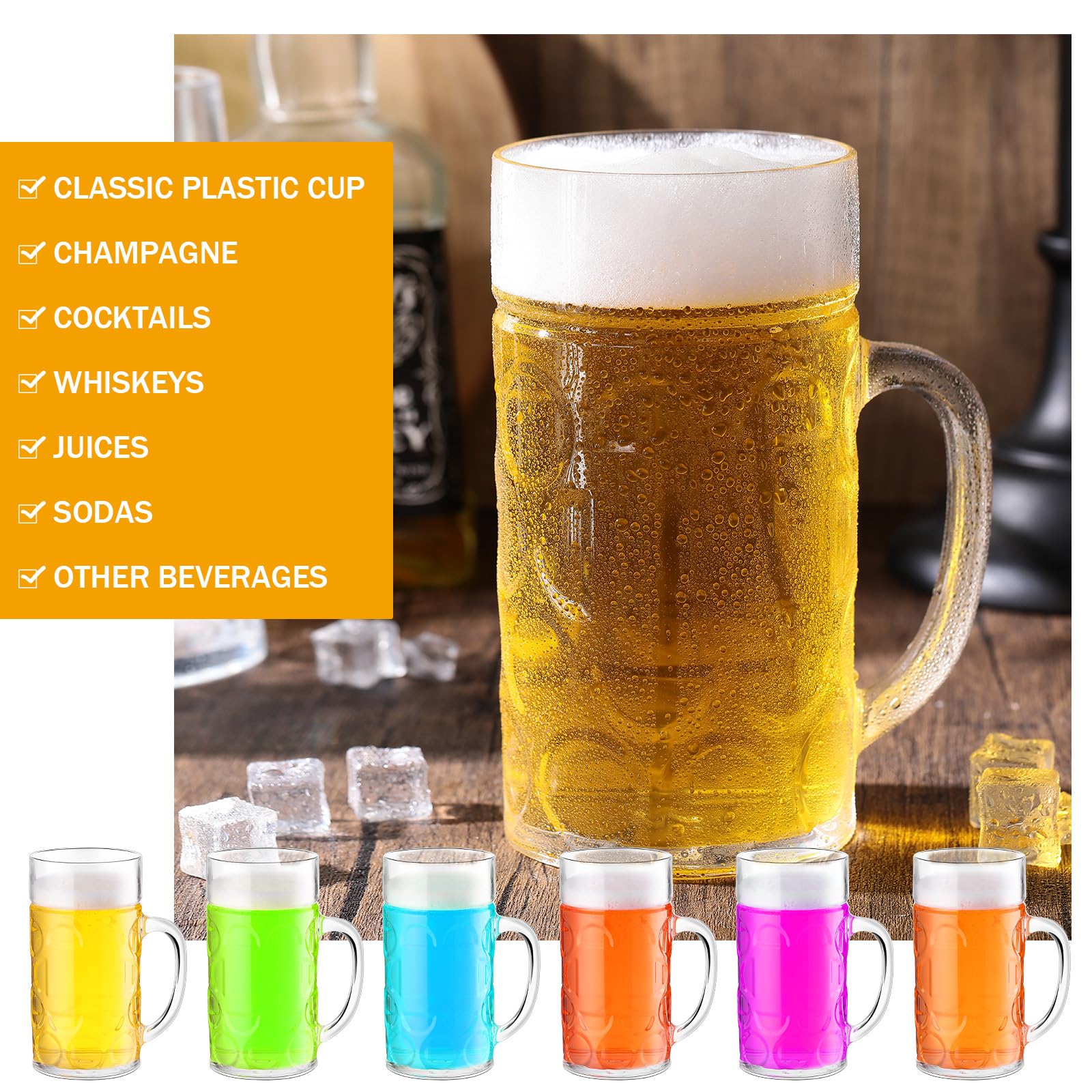 Suclain 6 Pcs Clear Plastic Beer Mugs with Handles 34 oz Large Dimpled Beer Cups Clear Plastic Beer Glasses Reusable Classic Plastic Coffee Mugs with Handles for Beer Whiskey Juice Coffee Tea Cocktail