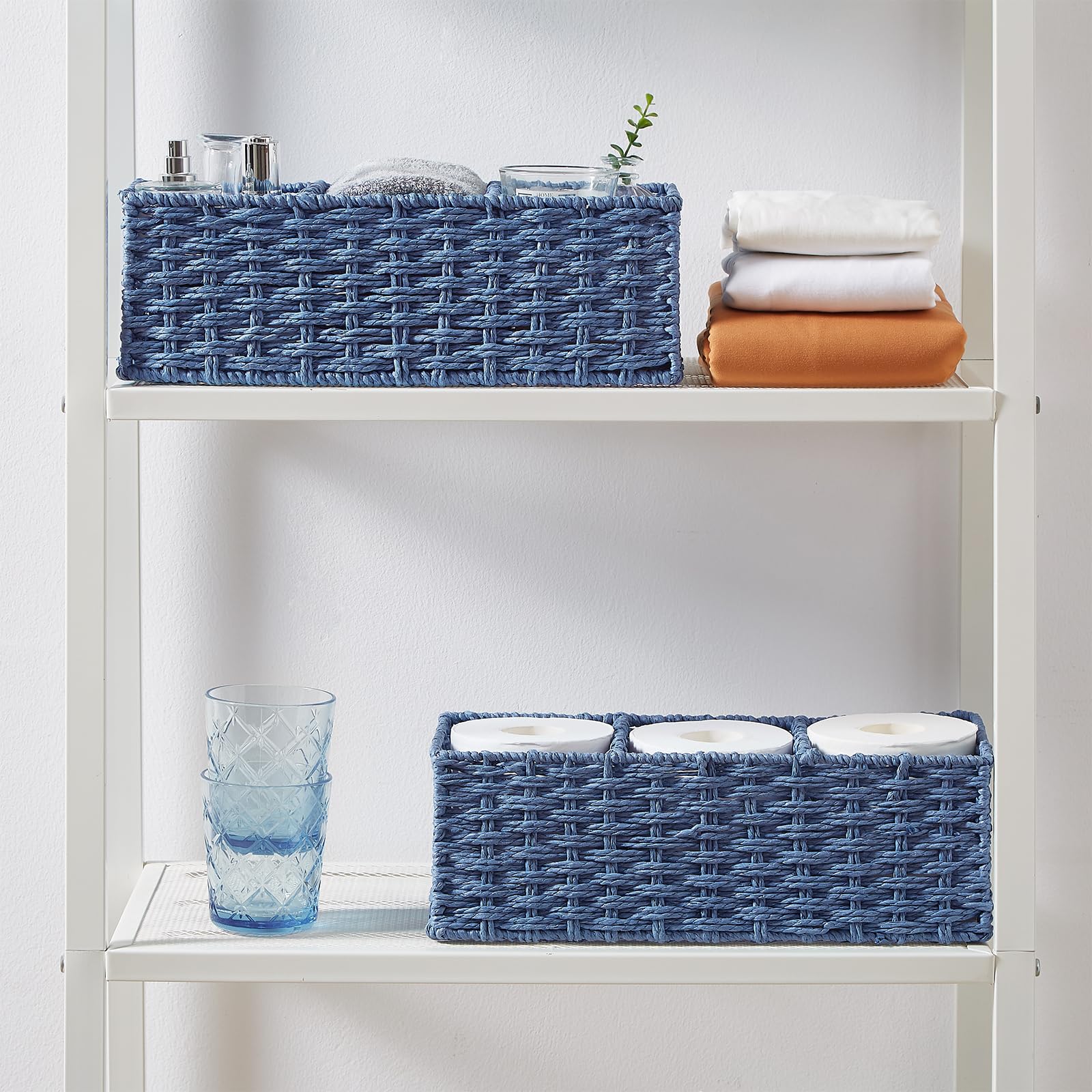 Vagusicc 3-Section Wicker Storage Basket, Hand-Woven Paper Rope Wicker Baskets,Toilet Paper Basket for Toilet Tank Top, Small Wicker Baskets for Organizing, 2-Pack, Blue