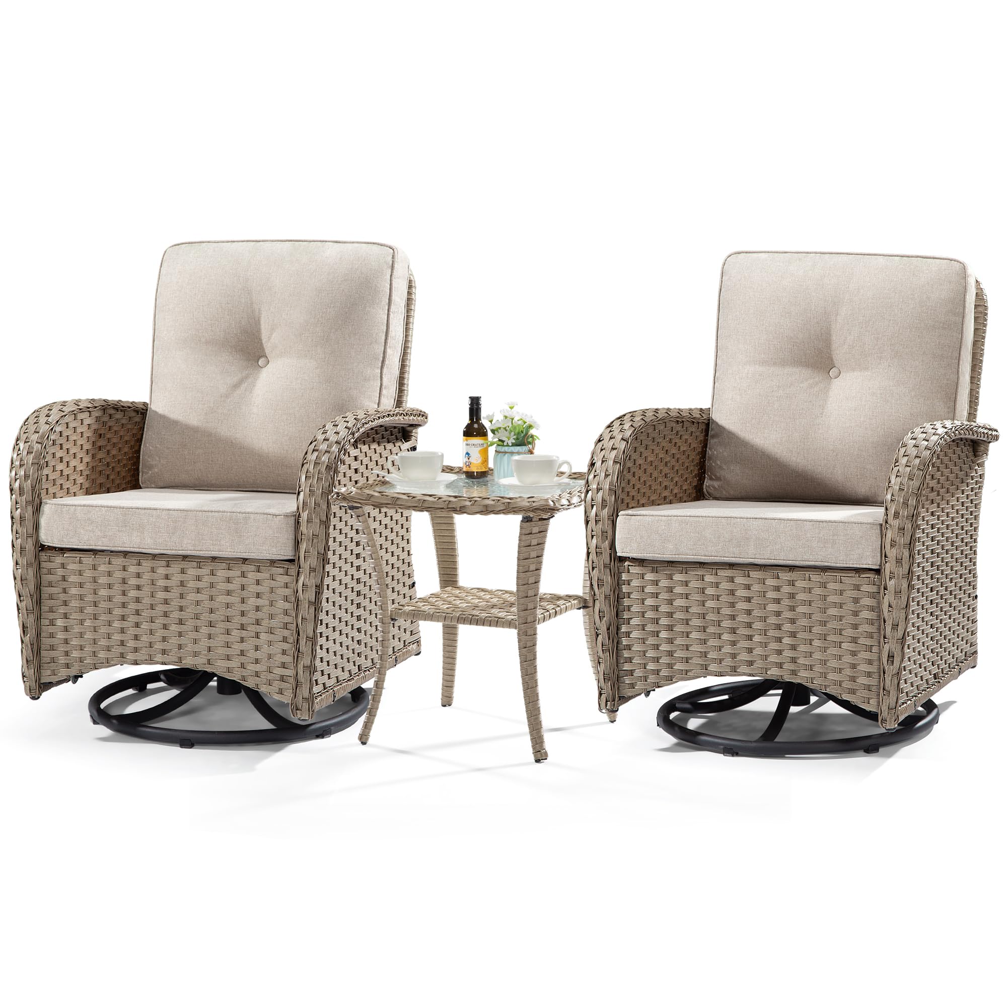 MeetLeisure Patio Swivel Glider Wicker Chairs - Outdoor Swivel Rocking Chairs Set of 2 with Wicker Side Table, Outdoor Swivel Rocker Chair Set 3 Piece Patio Furniture Set(Natural Color/Beige)