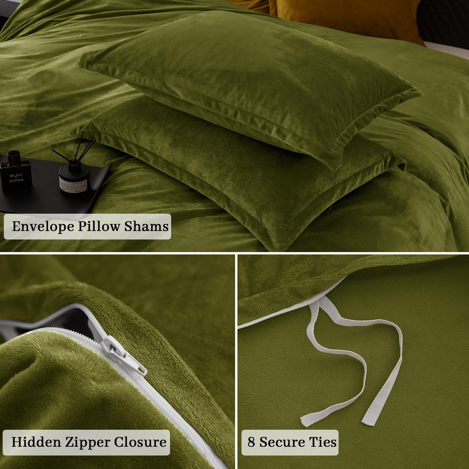 PHF Super Soft Velvet Duvet Cover King Size, 3pcs Luxurious Breathable Velour Fluffy Comforter Cover with 8 Ties, Cozy Flannel Duvet Cover with Pillow Shams, Zipper Closure, 104"x90", Olive Green