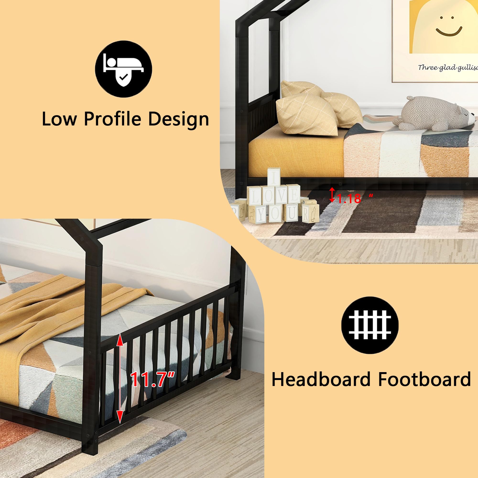 House Beds for Kids, Twin Size Floor Bed Frame Metal Montessori Beds with Headboard & Footboard for Children Boys Girls Teens, Black