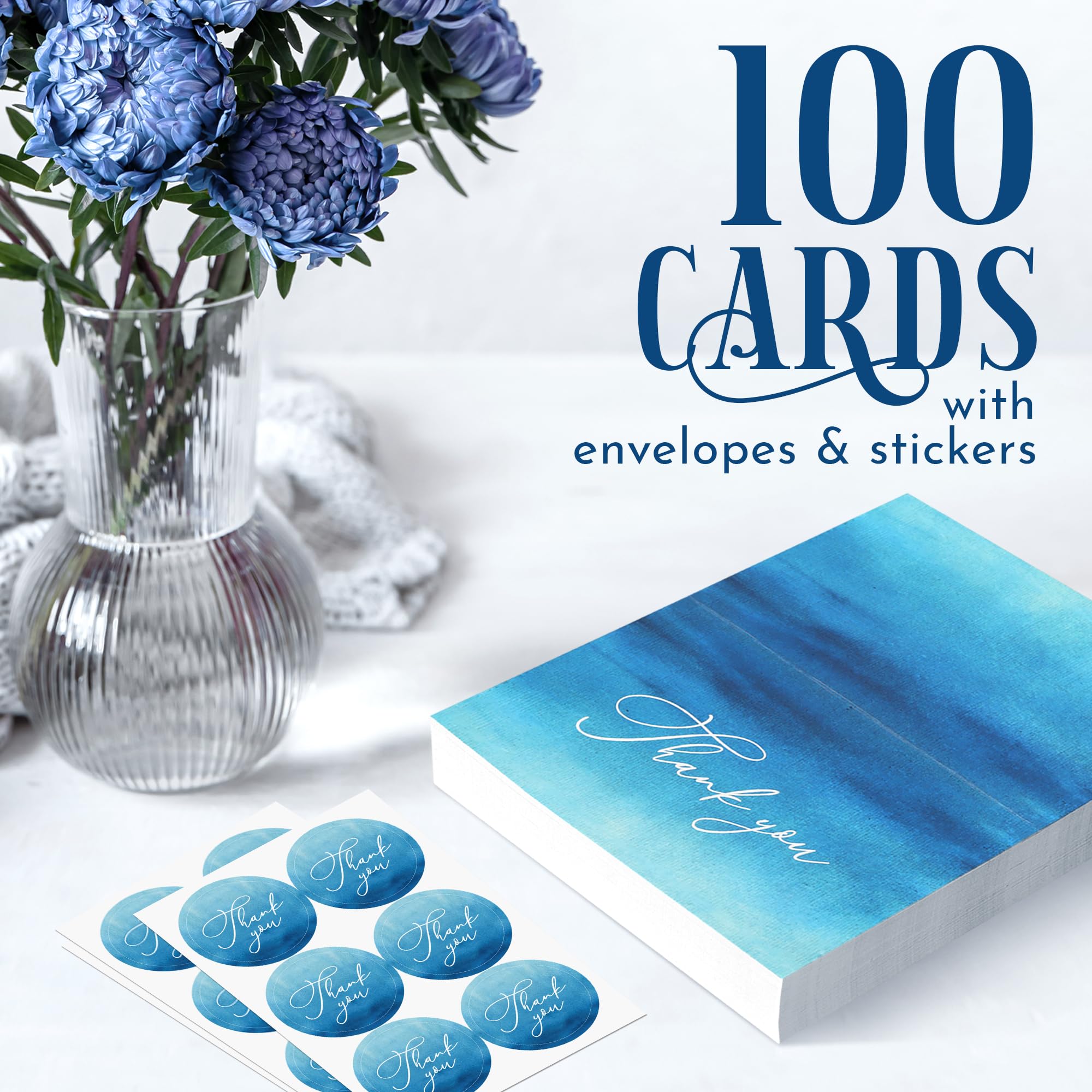 100 Thank You Cards with Envelopes - Elegant Blue Design, Perfect for Graduation Thank You Cards 2024, Weddings, Baby Showers, Parties, and Small Business - Includes 120 Stickers for Easy Sealing