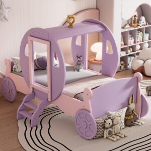 Twin Size Princess Carriage Bed Frame for Boys Girls Kids Toddler with Crown, Wood Platform Car Bed with Stair, Purple+Pink