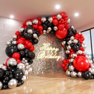 red and black balloons arch kit, adoinby 140pcs matte red black metallic silver garland kit, 18 12 10 5 inch different size balloons for birthday party anniversary wedding graduation prom decorations