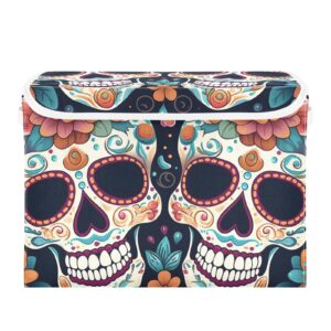 vnurnrn storage cube with lid collapsible flower day dead skull print, large capacity foldable storage basket bin organizer 16.5×12.6×11.8 in