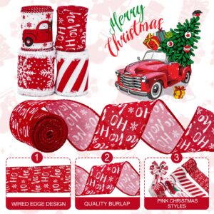 AnyDesign 24 Yards Christmas Wired Edge Ribbon Red White Xmas Snowflake Truck Fabric Craft Ribbon for Wreath Bow Making Gift Wrapping, 4 Roll