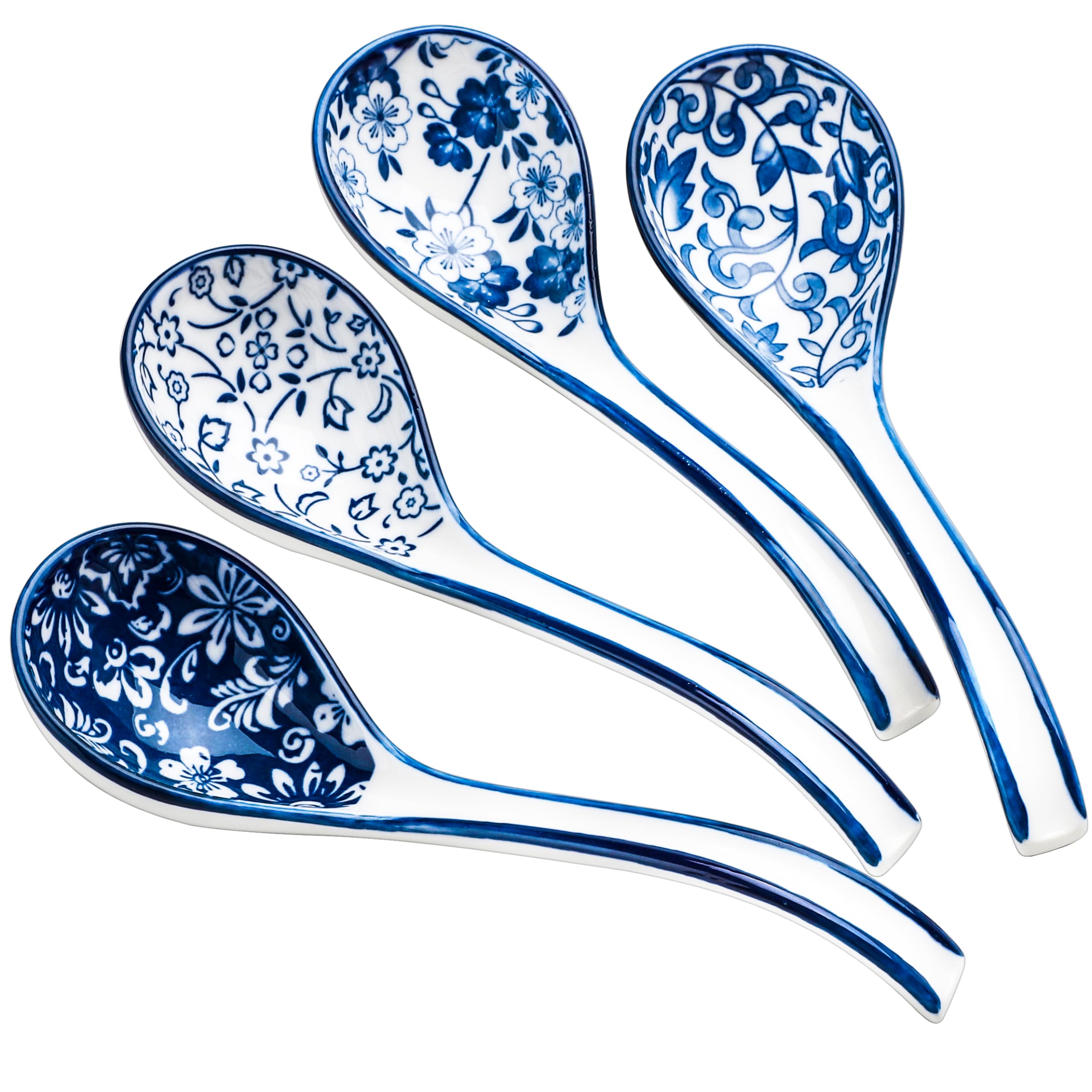 Soup Spoons Ceramic Asian Soup Spoons Sets of 4 Long Handle Japanese Soup Spoons Deep Blue Porcelain Ramen Spoons Pho Spoon (4PCS)