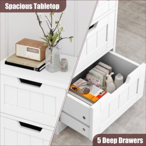 FOTOSOK Bathroom Floor Cabinet, Free-Standing Storage Cabinet with 5 Drawers, 11.8” x 15.7” x 40.1” Wooden Storage Cabinet with Cut-Out Handles, Side Tall Storage Cabinet for Bathroom, Living Room