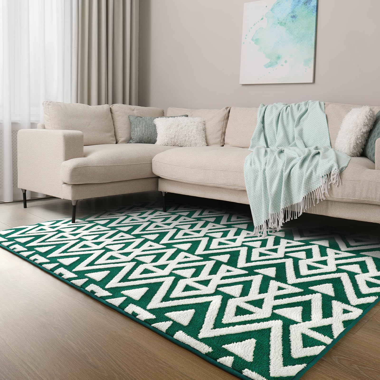 OHWPEAT Shaggy Area Rugs Cozy Soft Memory Foam Carpets, 4x6 FT Fluffy Rug for Living Room Bedroom Kids Room Nursery Home Decor, Washable Rugs, Non-Slip Backing Green White Boys Girls Kids Rug