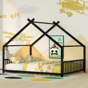 house beds for kids, full size floor bed frame metal montessori beds with headboard & footboard for children boys girls teens, black