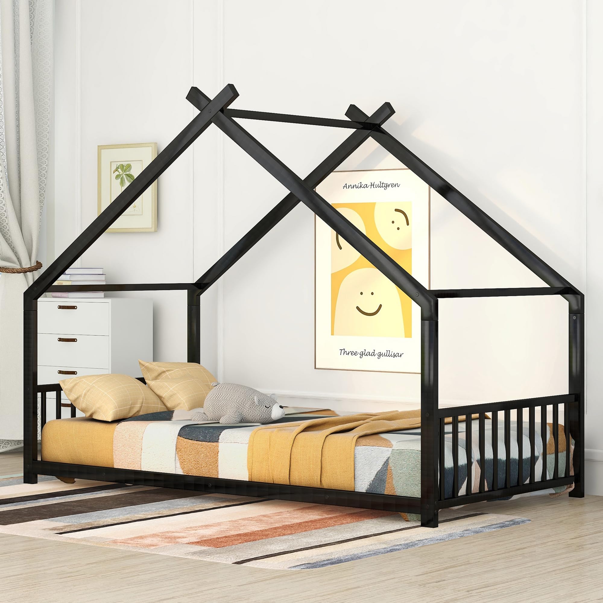 House Beds for Kids, Twin Size Floor Bed Frame Metal Montessori Beds with Headboard & Footboard for Children Boys Girls Teens, Black