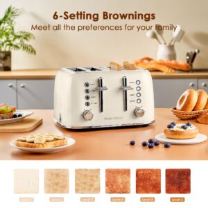 Toaster 4 Slice, Roter Mond Retro Stainless Steel Toaster with Extra Wide Slots Bagel, Defrost, Reheat Function, Dual Independent Control Panel, Removable Crumb Tray, 6 Browning Levels, Cream White