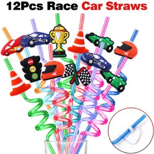 KELENO 98 Race Car Party Favors Race Car Birthday Party Supplies Straw Bubble Slap Band Sticker Racing Toy Gift Boy Kid Filler Goodie Bag Stuffer Racecar Themed Decorations