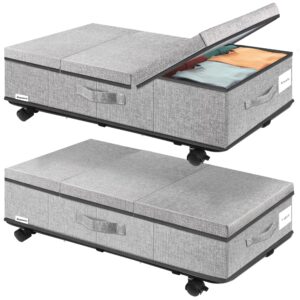 supowin under bed storage with wheels, rolling underbed storage containers with lids, under bed shoe storage bins organizer with reinforced metal bottom support and three handles, 2 pack grey