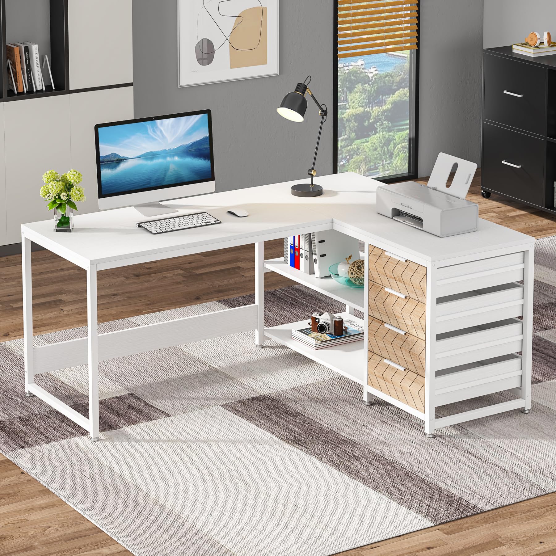 Tribesigns L Shaped Computer Desk with Storage Drawers, 59 inch Corner Desk with Shelves, Reversible L-Shaped Office Desk Study Writing Table Workstation for Home Office, White