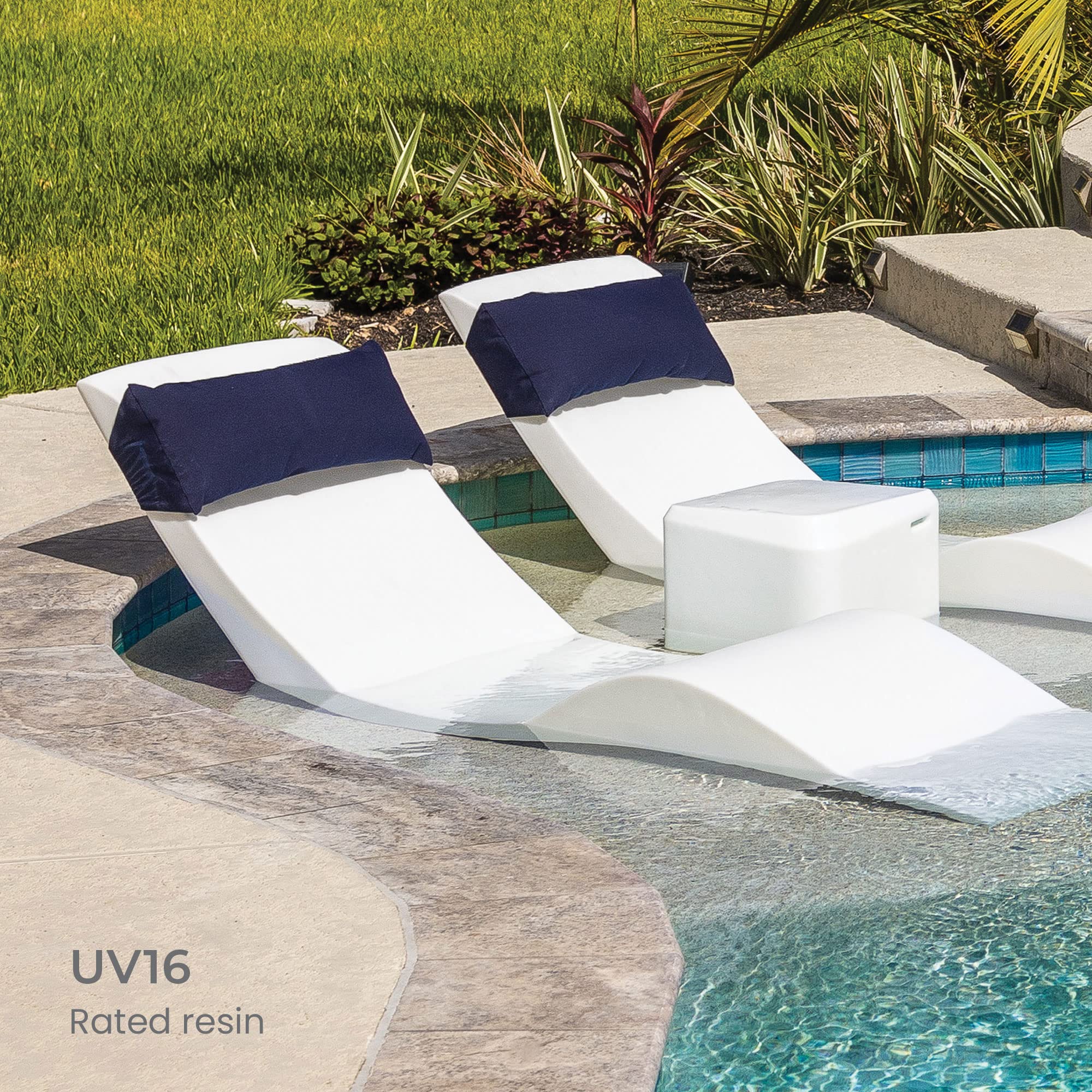 Aqua Outdoors in-Pool DEEP Ledge Chaise Set - Two Chaises - Two Headrest Pillows - Two Chaise Risers and One Large in Pool Side Table - for ledges 9"-14" inches Deep (Classic White-Blue)