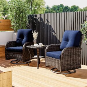 Joyside Patio Swivel Rocker Wicker Chairs - Outdoor Swivel Rocking Chairs Set of 2 with Wicker Side Table, Patio Swivel Rocker Chair 3 Piece Patio Furniture Sets for Porch Deck(Brown/Blue)