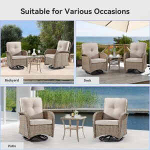 MeetLeisure Patio Swivel Glider Wicker Chairs - Outdoor Swivel Rocking Chairs Set of 2 with Wicker Side Table, Outdoor Swivel Rocker Chair Set 3 Piece Patio Furniture Set(Natural Color/Beige)