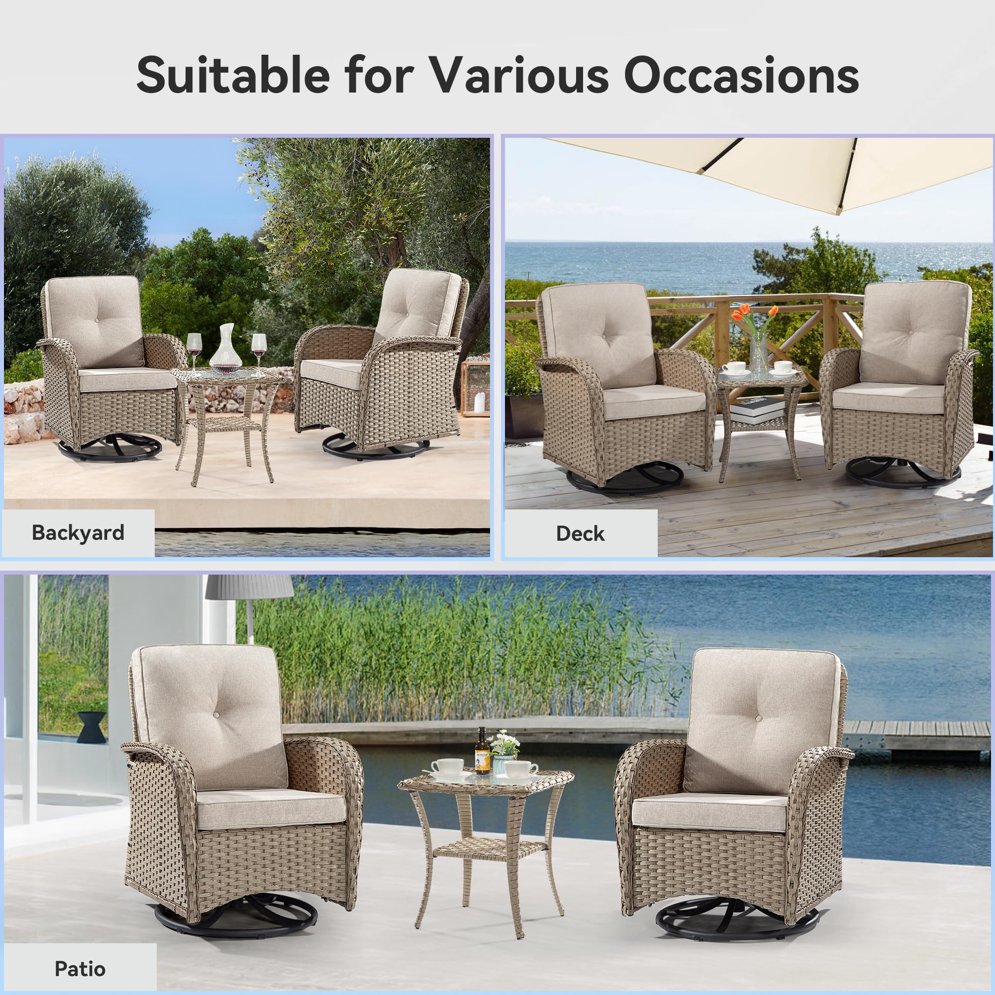 MeetLeisure Patio Swivel Glider Wicker Chairs - Outdoor Swivel Rocking Chairs Set of 2 with Wicker Side Table, Outdoor Swivel Rocker Chair Set 3 Piece Patio Furniture Set(Natural Color/Beige)