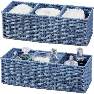 vagusicc 3-section wicker storage basket, hand-woven paper rope wicker baskets,toilet paper basket for toilet tank top, small wicker baskets for organizing, 2-pack, blue