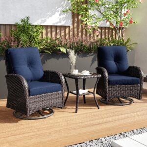 Joyside Patio Swivel Rocker Wicker Chairs - Outdoor Swivel Rocking Chairs Set of 2 with Wicker Side Table, Patio Swivel Rocker Chair 3 Piece Patio Furniture Sets for Porch Deck(Brown/Blue)